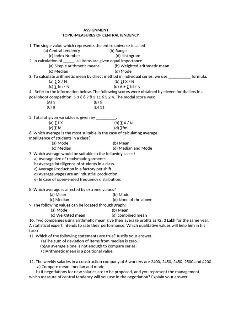 Assignment_11_measures of Central Tendency | PDF | Arithmetic Mean | Mean