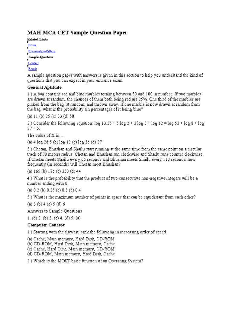 MCA CET Sample Paper: Questions on General Aptitude & Computer Concepts ...