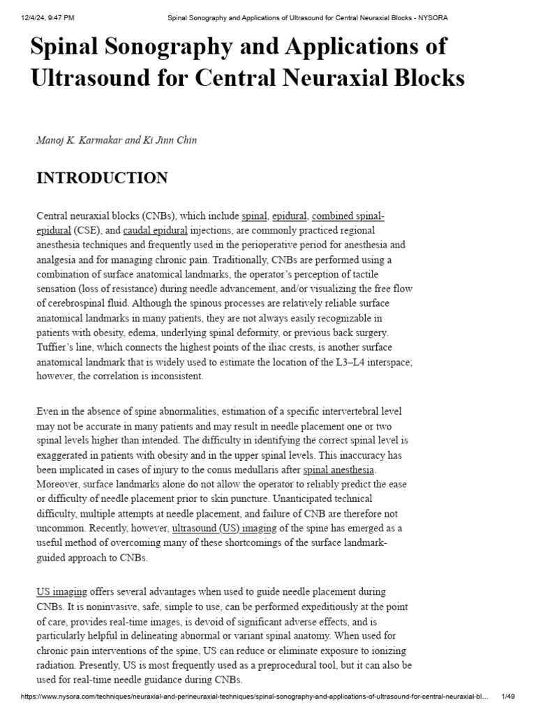 Spinal Sonography and Applications of Ultrasound For Central Neuraxial ...