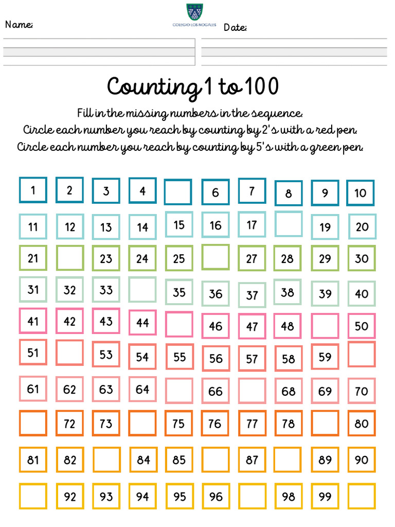 Counting To 100 Math Worksheet in Colorful Box Style | PDF