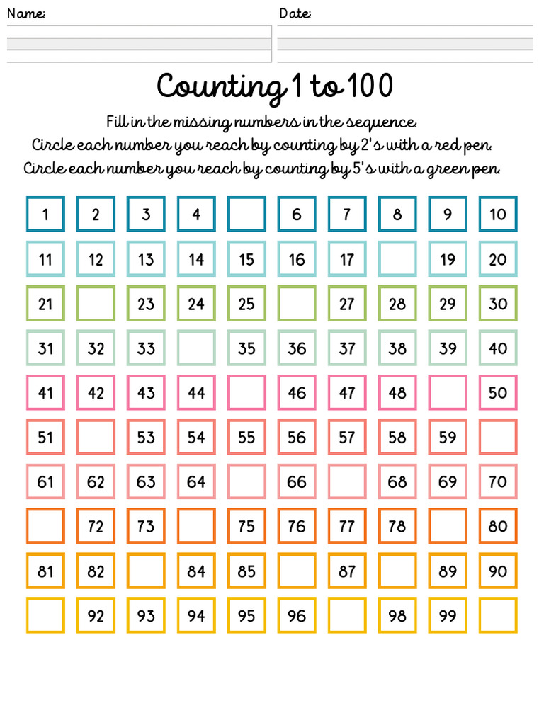 Counting To 100 Math Worksheet in Colorful Box Style | PDF