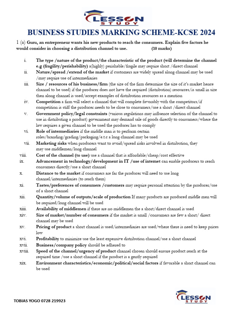 KCSE 2024 Business Studies Marking Scheme | PDF | Unemployment | Taxes