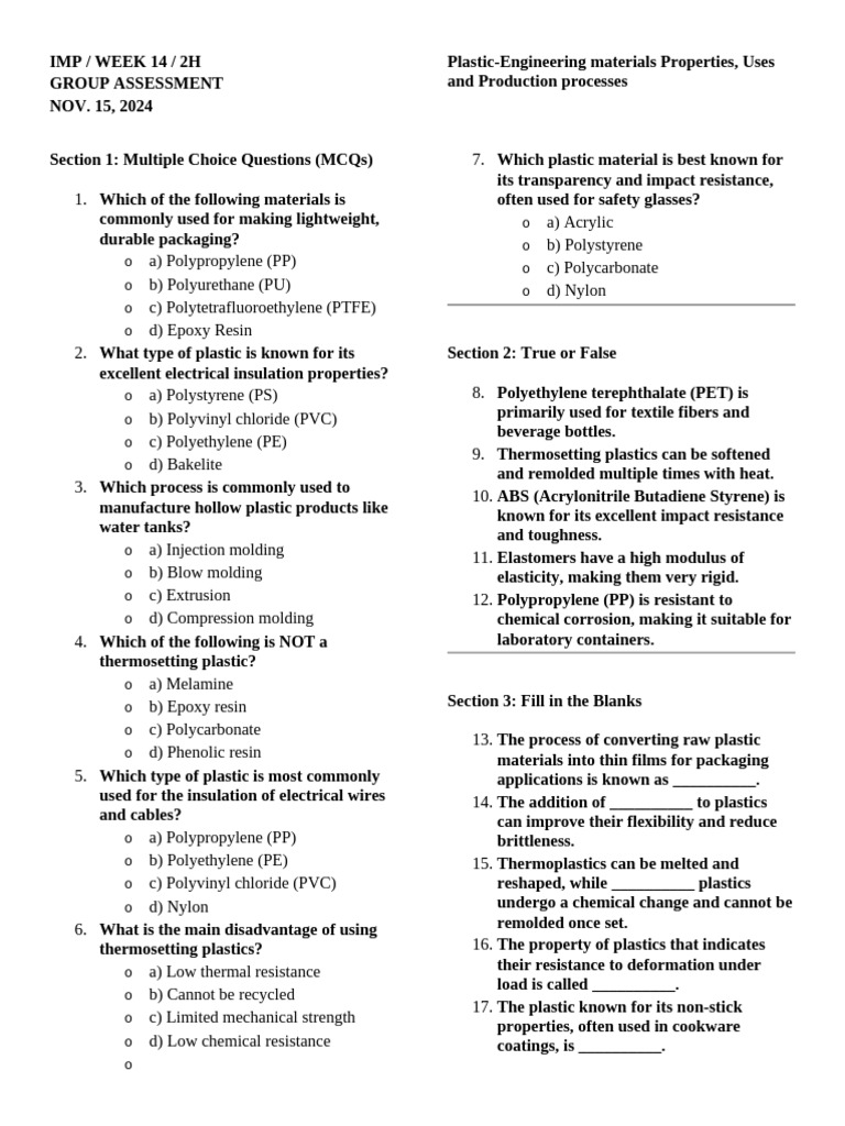 Week 14 Assessment Plastic Engineering Materials | PDF | Plastic ...