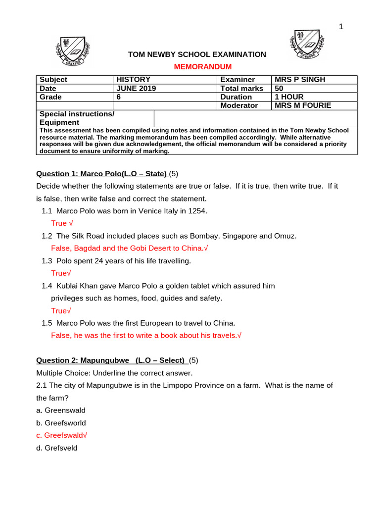 Grade 6 History Exam Memorandum | PDF | Marco Polo