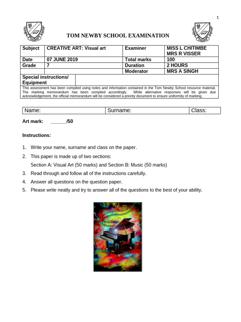 Grade 7 Creative Art Exam Paper | PDF