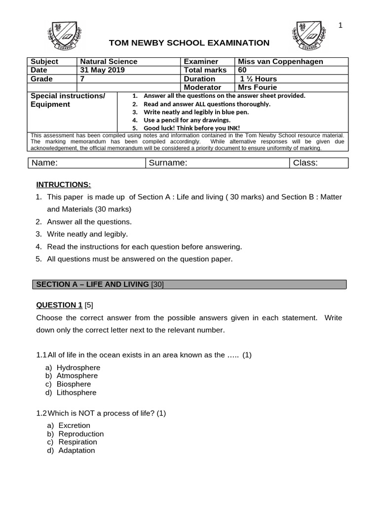 Grade 7 Natural Science Exam 2019 | PDF | Mixture | Flowers