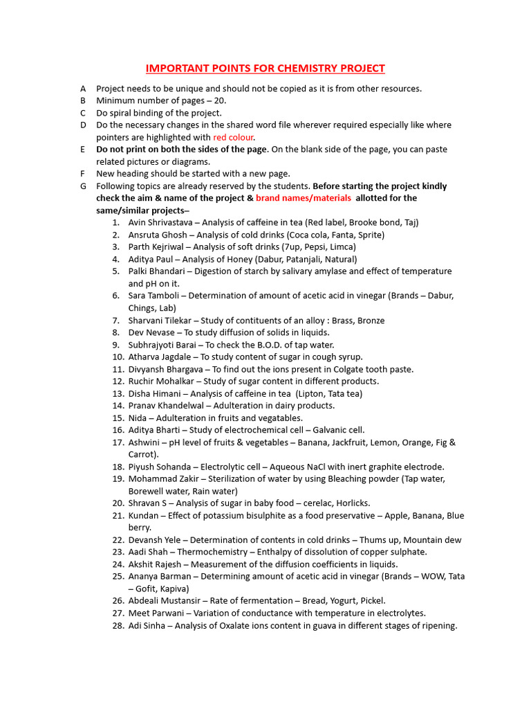 Chemistry Project Guidelines and Topics | PDF | Foods | Drink