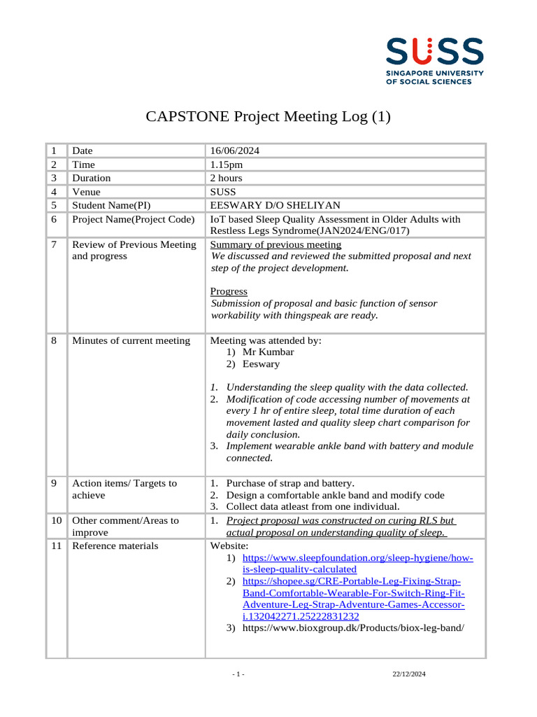 CAPSTONE Project Meeting Log | PDF