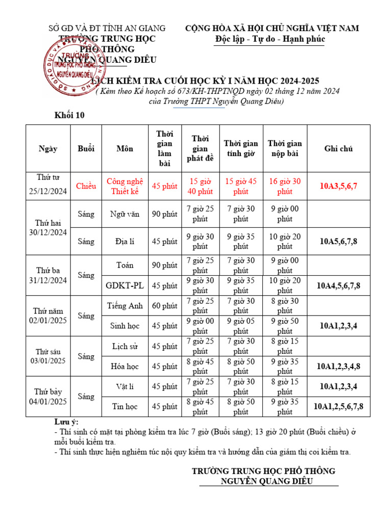Signed-673-Lich Kiem Tra Cuoi Hki Khoi 10 | PDF