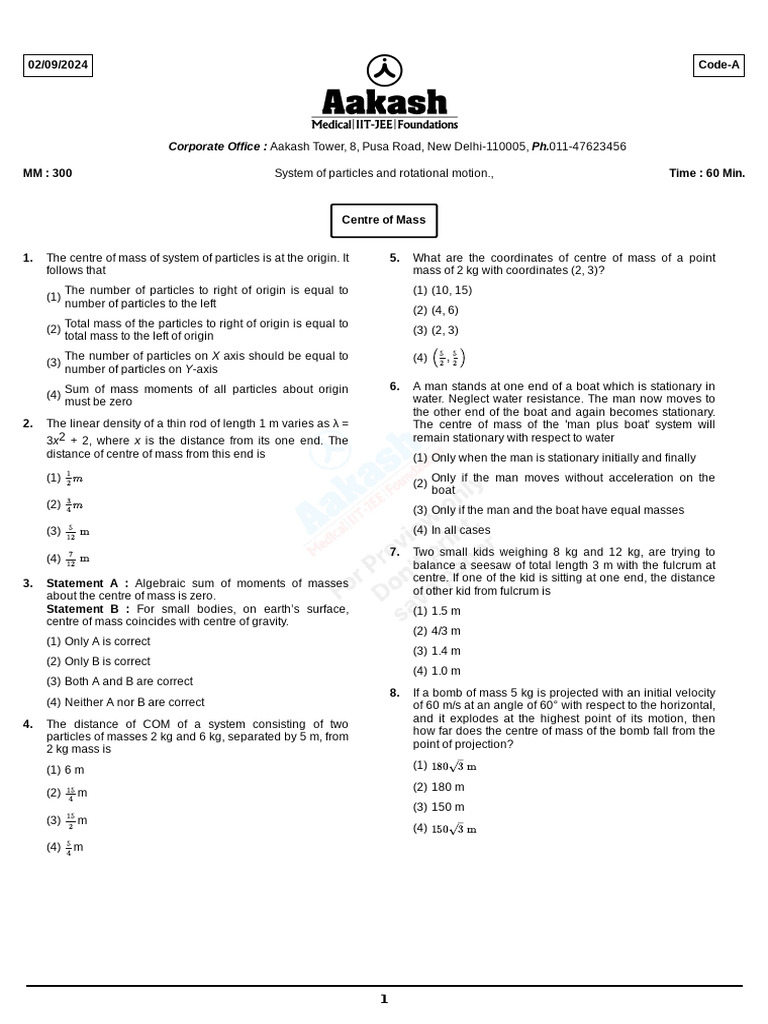Centre of Mass and Vector Product. Questions | PDF | Center Of Mass | Geometry