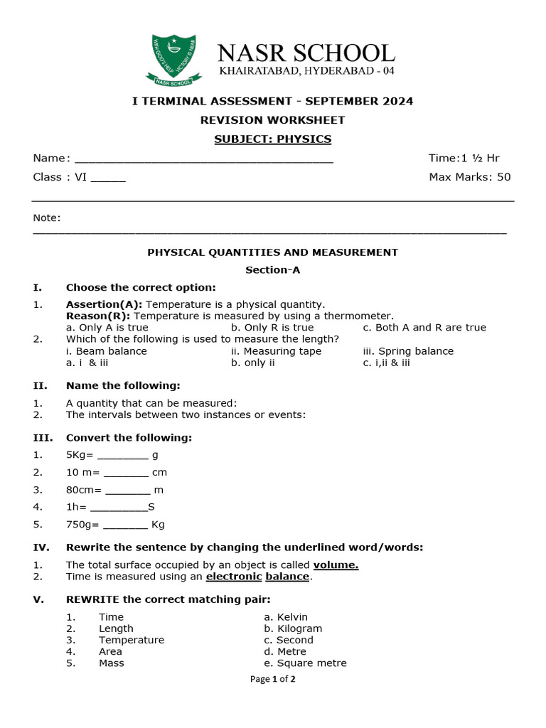 CLASS - VI - PHYSICS - TERM I - Physical Quantities and Measurement WKST | PDF | Measurement ...
