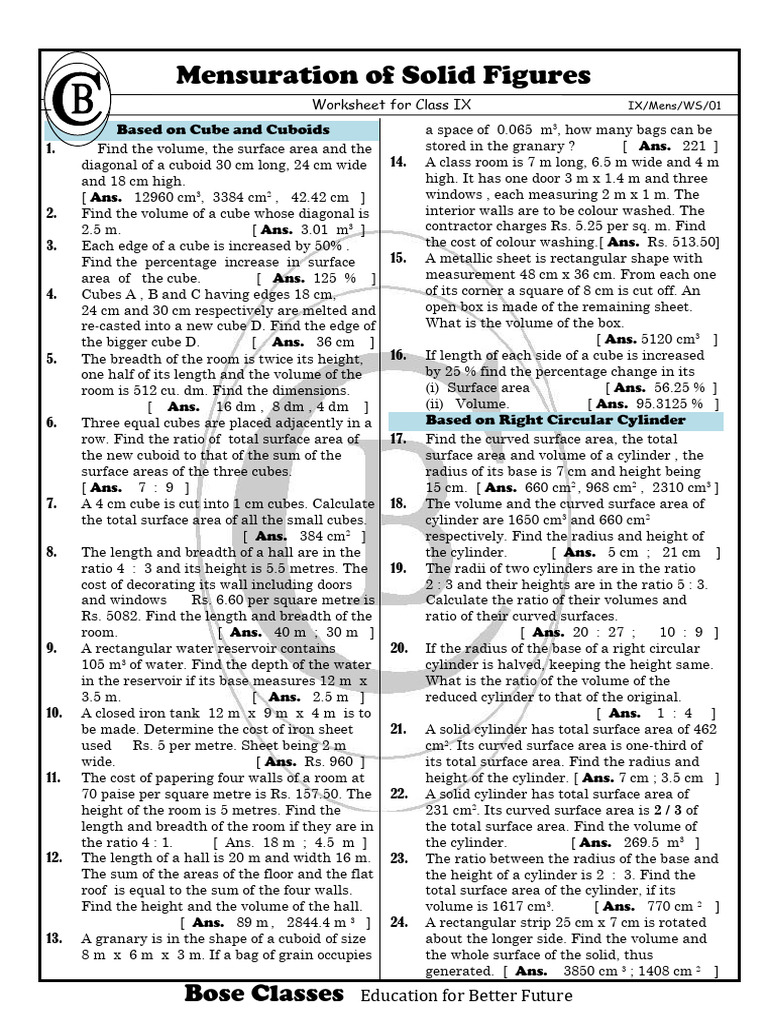 1 . (IX-Mens-WS-01) (24-25) Mensuration ( Worksheet) | PDF | Sphere | Area