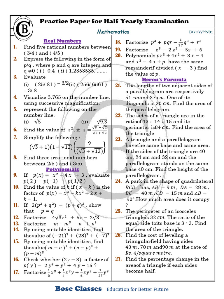 1. ( IX-HY-PP-01) (Ready for 24-25) Prac. Paper for Half Yearly EXAM | PDF | Area | Ratio