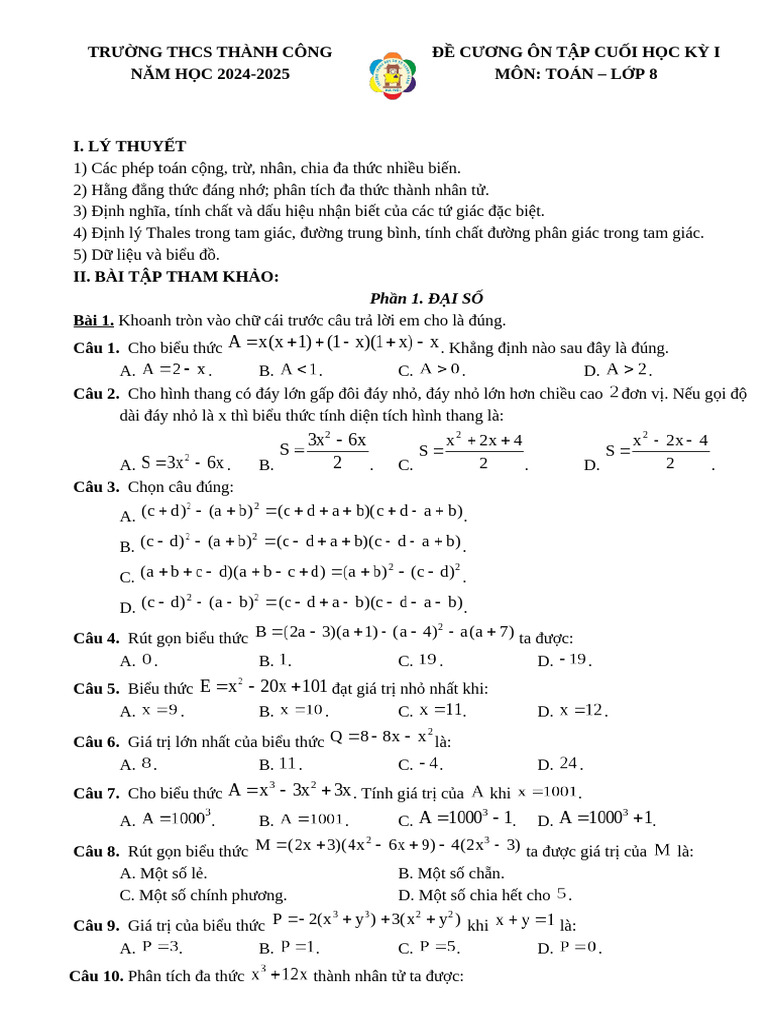 DE CUONG HK1 - TOAN 8 - TC 24-25 - Copy | PDF