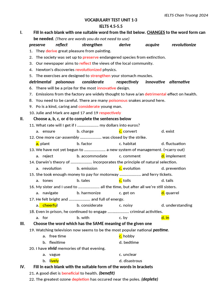 VOCABULARY TEST UNIT 1-3 answer key | PDF