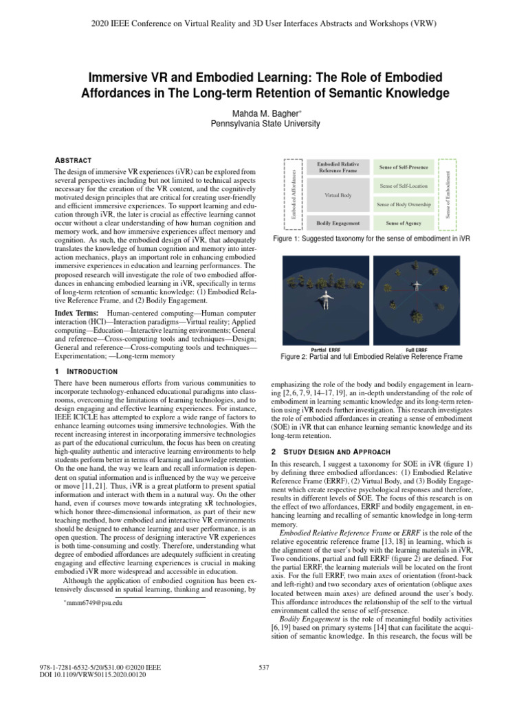 Immersive VR and Embodied Learning The Role of Embodied Affordances in The Long-term Retention ...