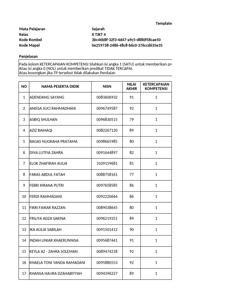 Template Nilai Sejarah X TJKT 4 | PDF