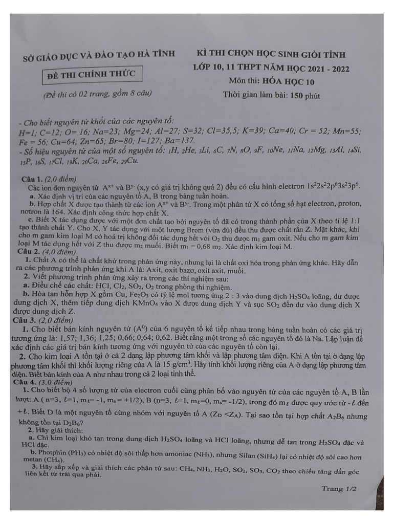 De HSG 10 Ha Tinh 2021 - 2022 | PDF