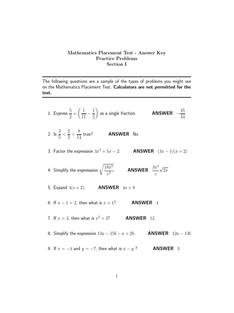Sample Placement Test Solutions 1 | PDF | Mathematics | Mathematical ...