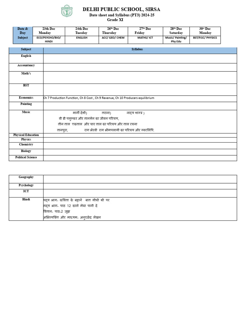 DPS Sirsa Grade XI PT3 Date Sheet 2024-25 | PDF