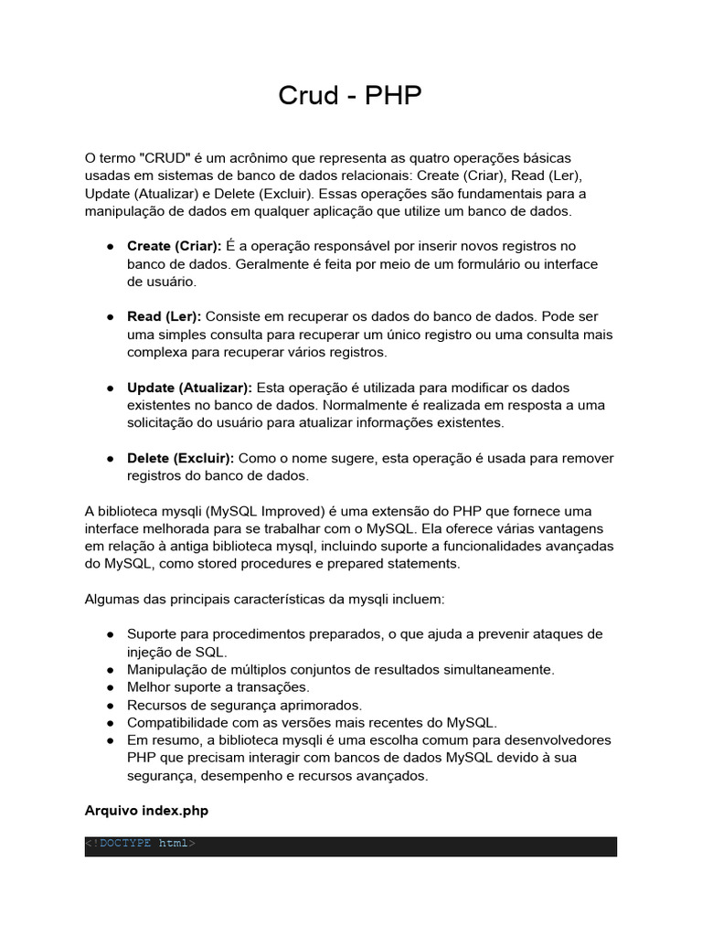 Crud - PHP | PDF | Bancos de dados | SQL Crud - PHP | PDF | Bancos de dados | SQL