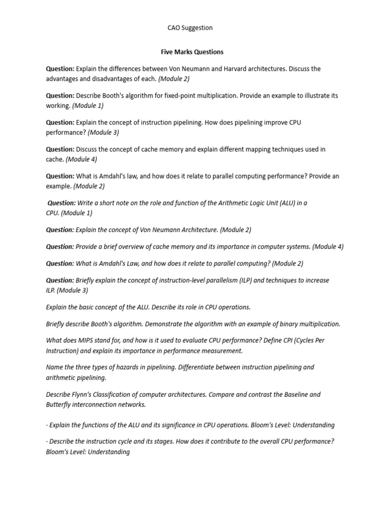 CAO Question Bank of 5 and 15 Marks | PDF | Central Processing Unit | Cpu Cache