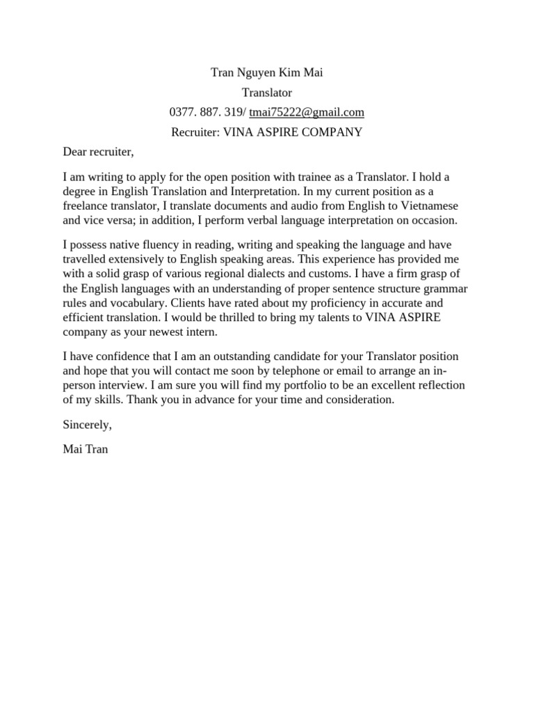 Translator Internship Application Letter | PDF