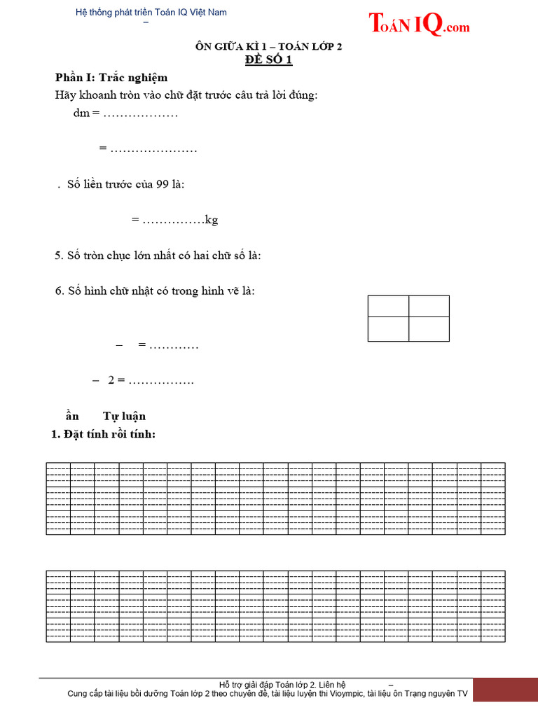 10 de Thi Giua Hoc Ki 1 Lop 2 Mon Toan 191027034310 | PDF