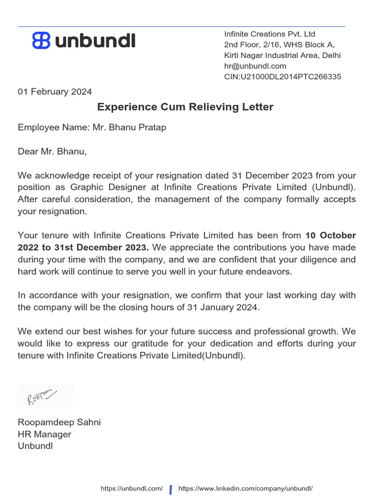 Bhanu Relieving Letter | PDF
