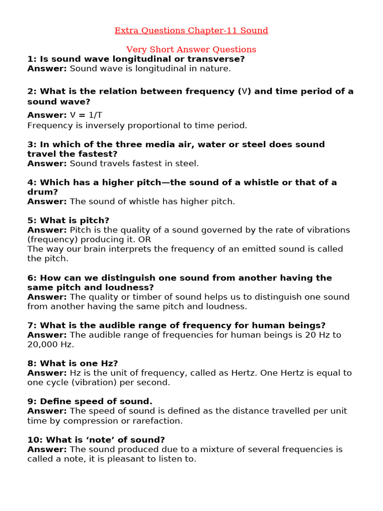 Chapter 11 Sound Extra Questions | PDF | Sound | Waves