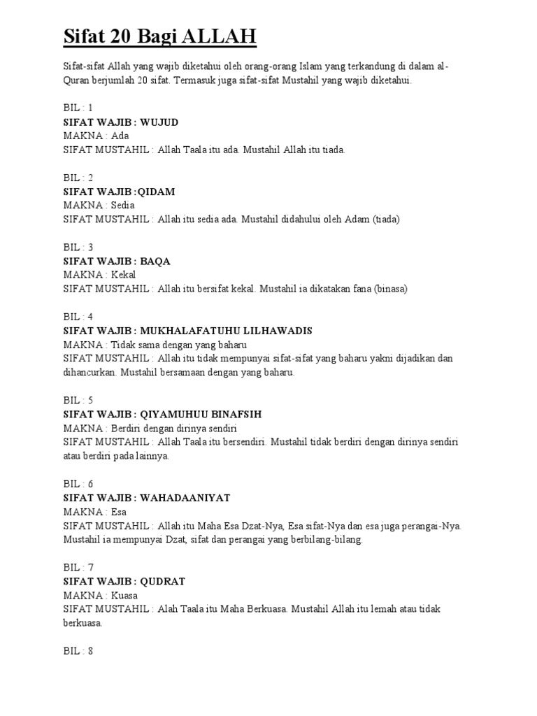 Sifat 20 Allah dan Maknanya | PDF