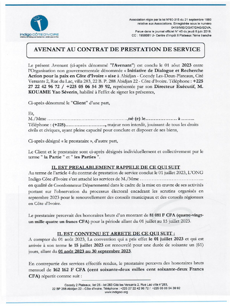 Avenant Au Contrat de Prestation de Service | PDF