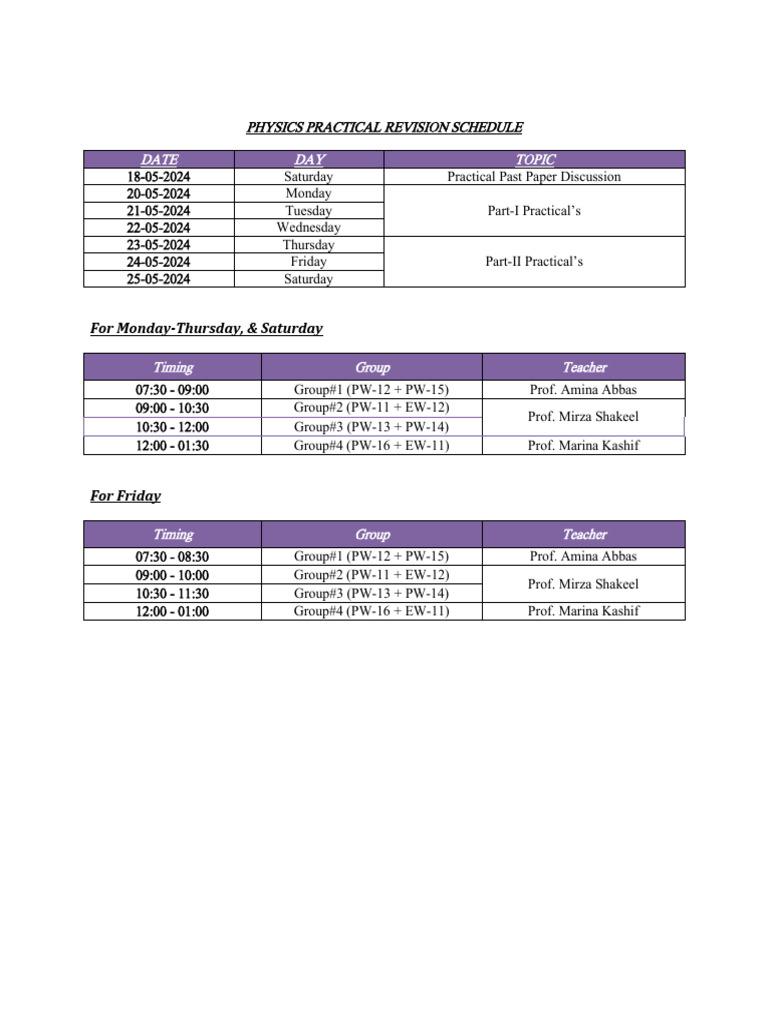 Physics Practical Revision Schedule | PDF