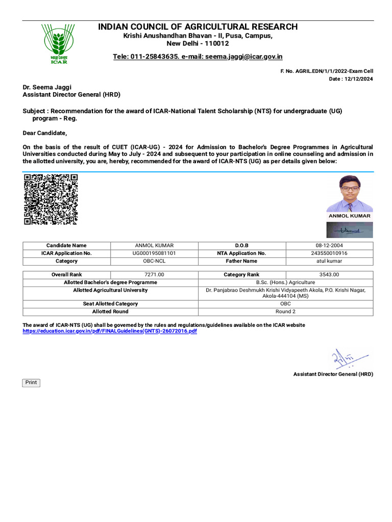 ICAR-NTS UG Scholarship Recommendation | PDF | Vocational Education ...