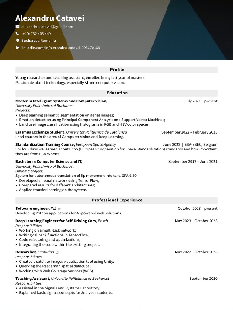 Alexandru_Catavei_Resume (1) | PDF | Computer Vision | Deep Learning