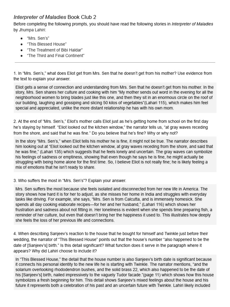 Interpreter of Maladies Book Club Insights | PDF