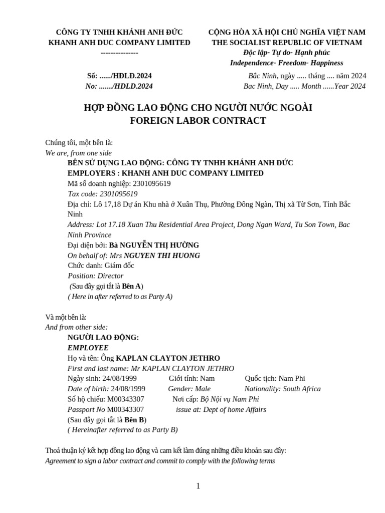 Hợp Đồng Lao Động - KAPLAN CLAYTON JETHRO | PDF