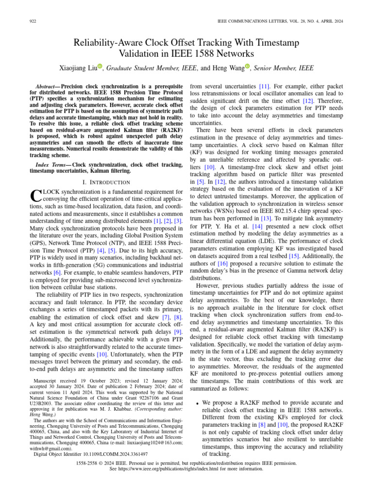 Reliability-Aware Clock Offset Tracking With Timestamp Validation in IEEE 1588 Networks | PDF ...