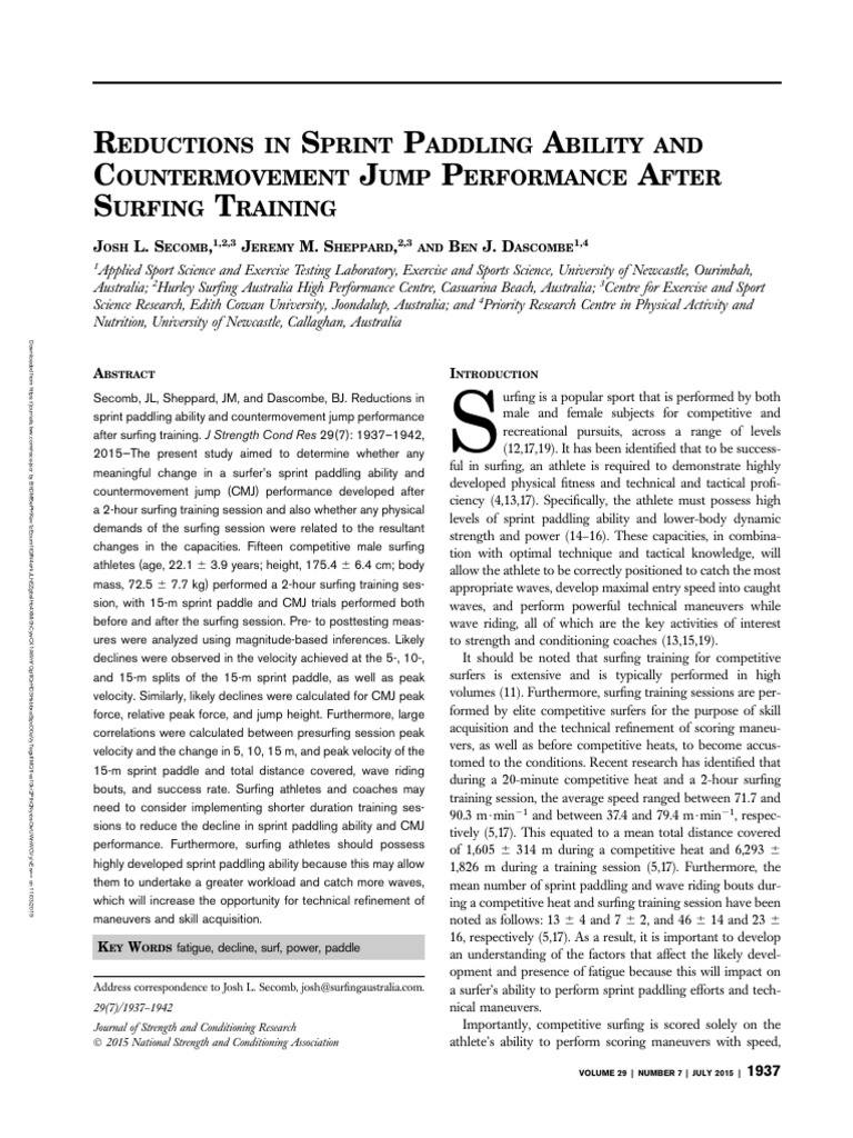 Surf Training Effects on Paddling & Jump Performance | PDF