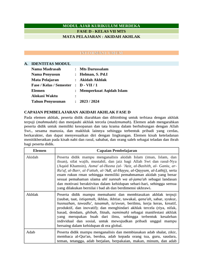 Modul Ajar Akidah Akhlak Kelas 7 Bab | PDF