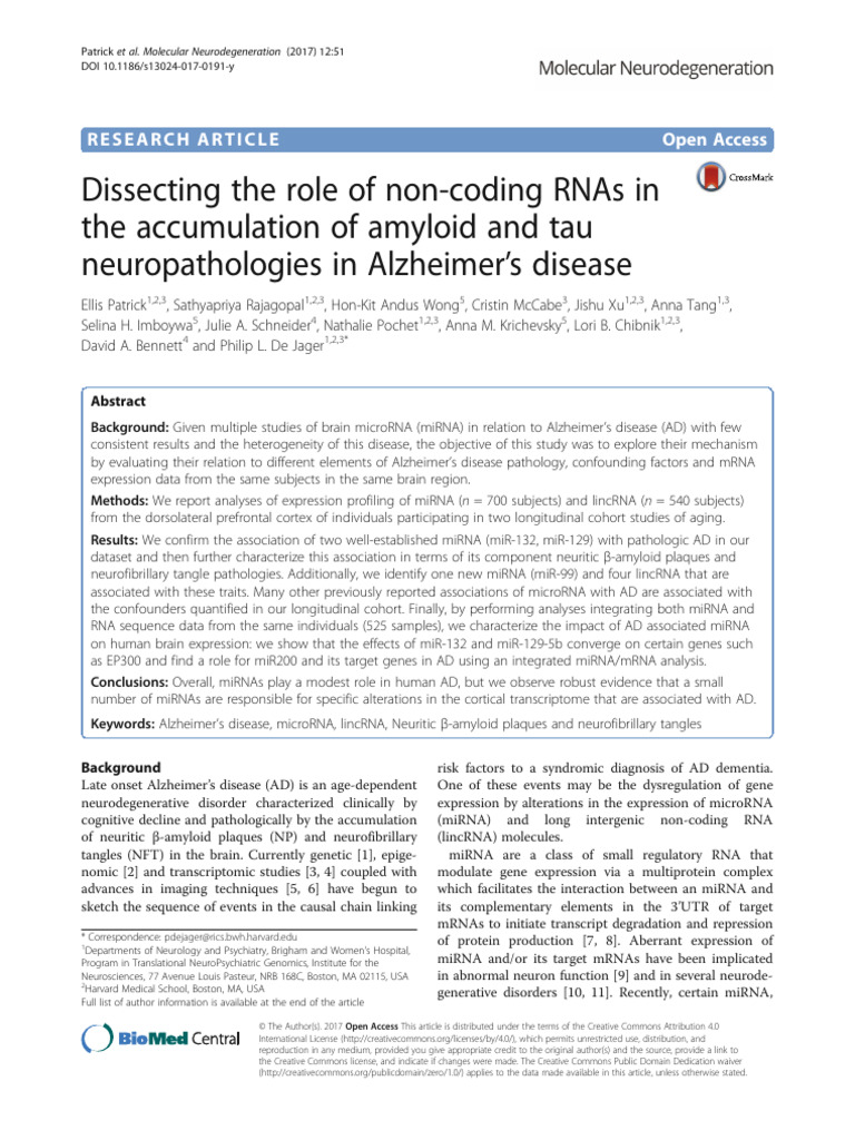 Dissecting the role of non-coding RNAs in the accumulation of amyloid and tau neuropathologies ...