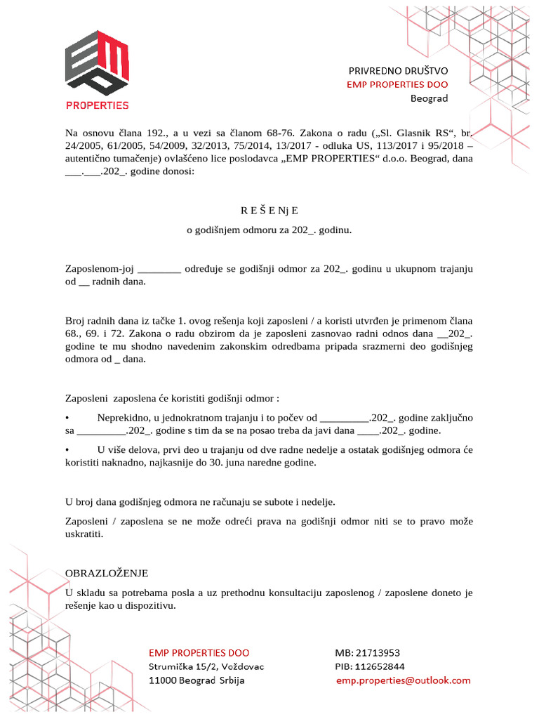 Resenje - Srazmerni Deo Godišnjeg Odmora | PDF