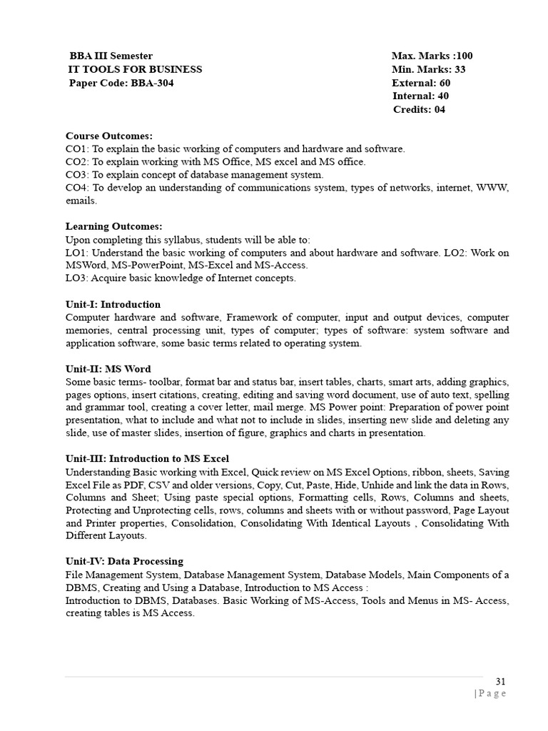 B.B.A. (Hons.) Syllabus 2022-2023,1-8 Semester-32-33 | PDF | Computer ...