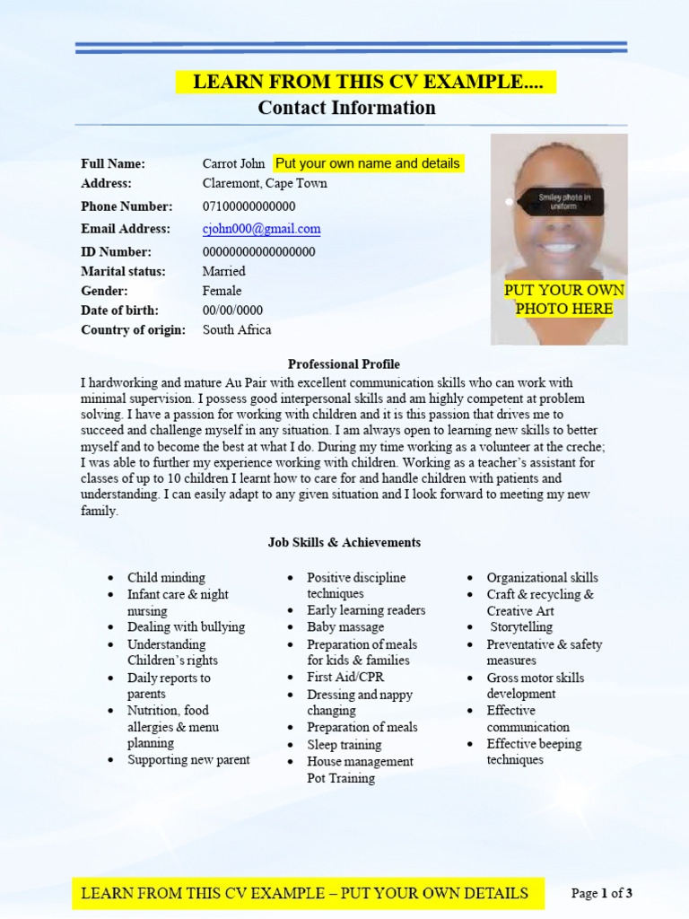 Look and Learn Cv Example_childcare_3 Pages | PDF | Child Care | Diaper