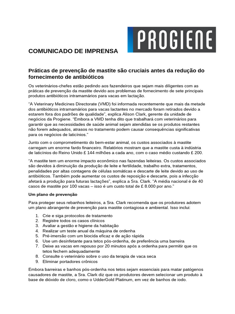 Progiene Mastitis Prevention Press Release 02.04.2020 | PDF | Leite ...