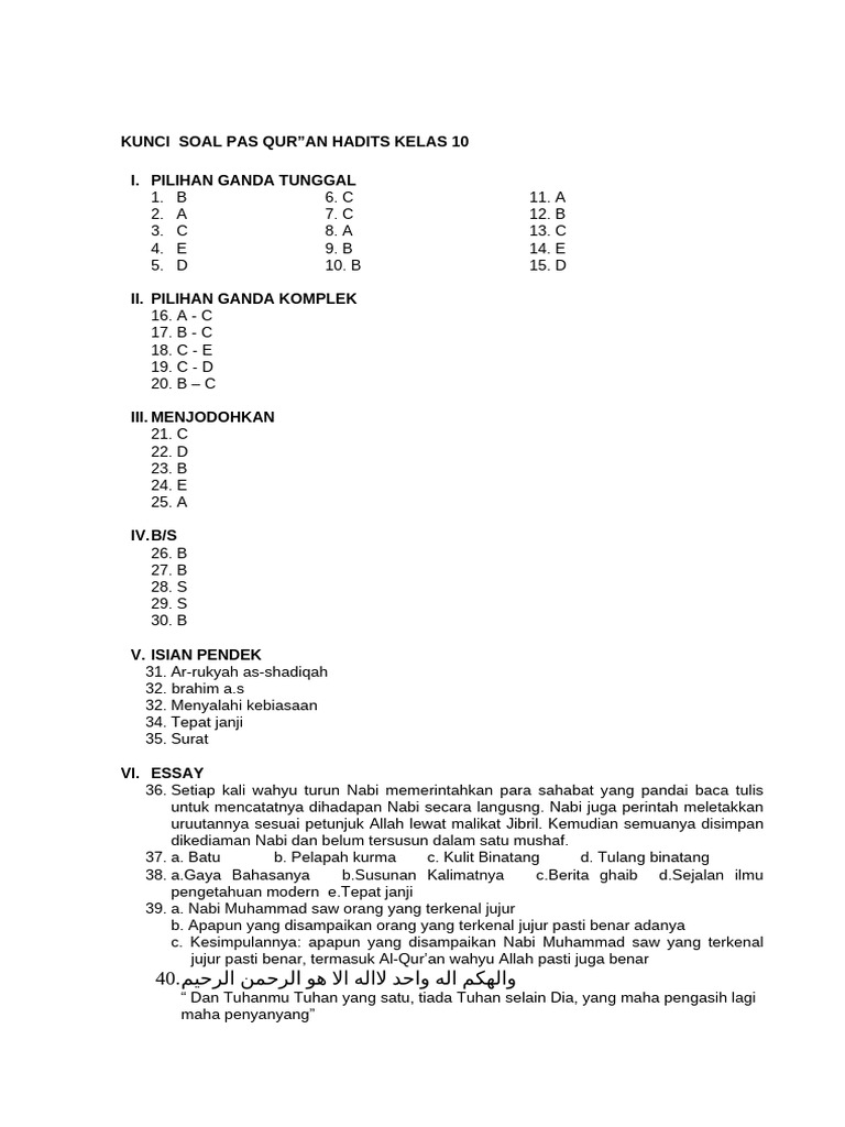 Kunci Jawaban Qur'an Hadits 10 KKM-F | PDF