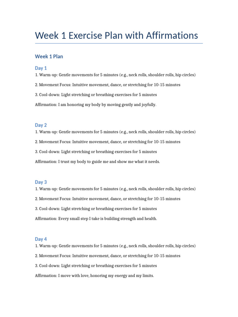 Week 1 Exercise Plan With Affirmations | PDF