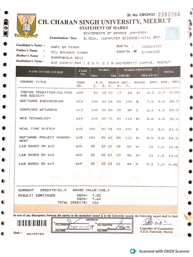 6th Sem Marksheet | PDF