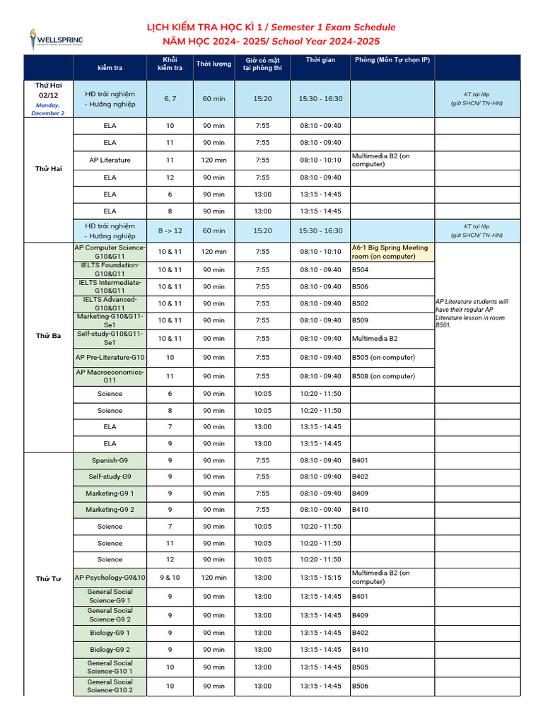 VPS - LICH KIEM TRA CUOI HK1 - Semester 1 Exam Schedule - SY 24 25 | PDF