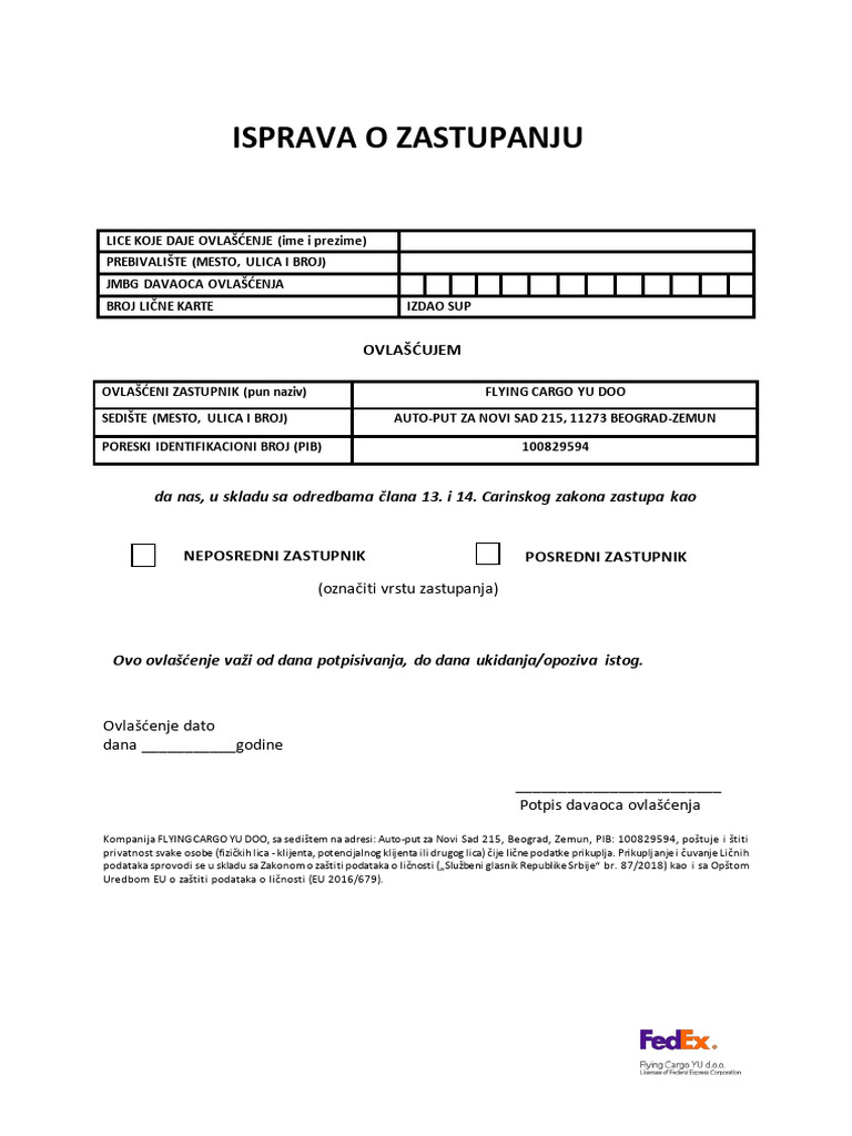 ISPRAVA O ZASTUPANJU FIZIČKA LICA SA UPUTSTVOM | PDF